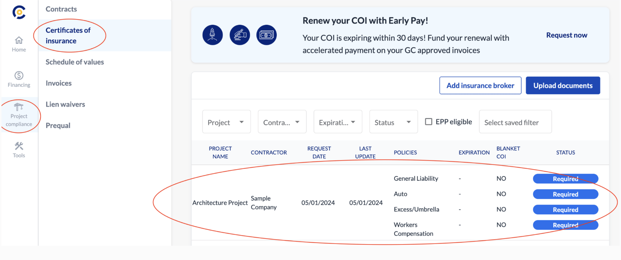 Where do I upload COIs or renewals?
