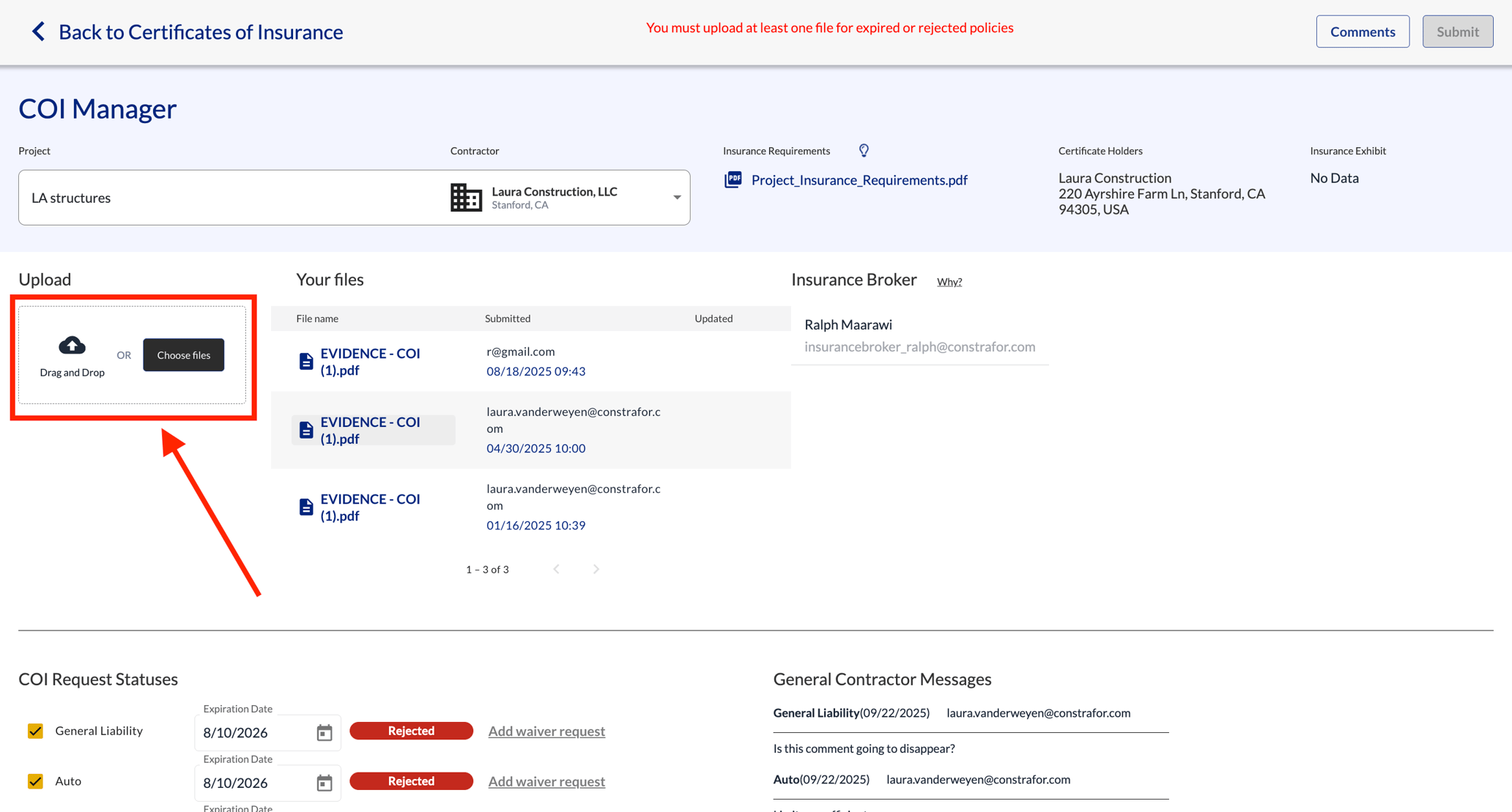 Where do I upload COIs or renewals?