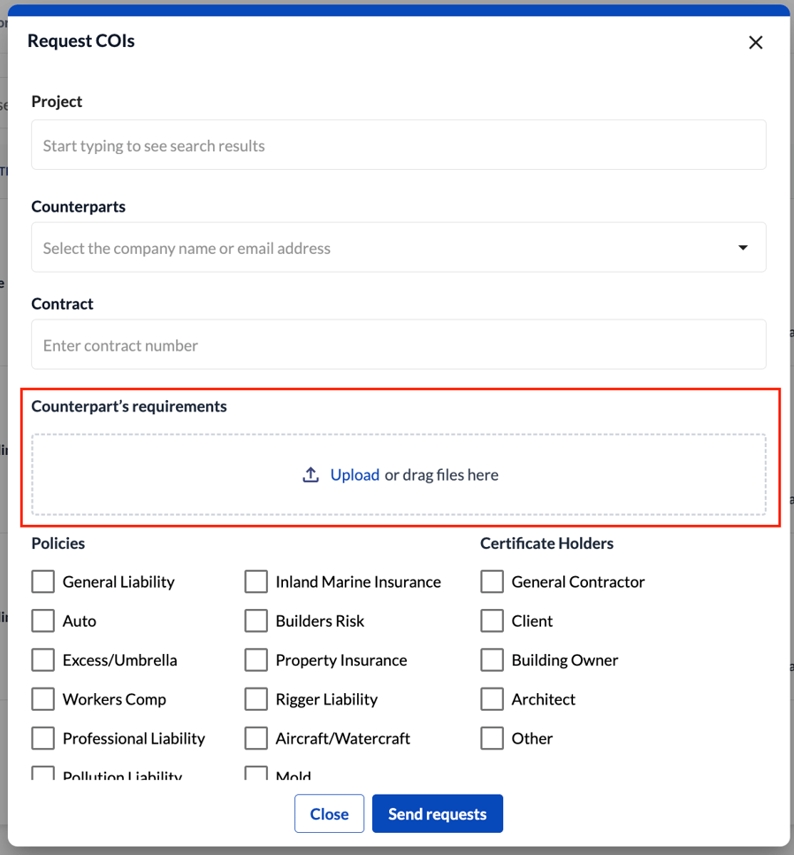 How do I add insurance requirements to my COI request?