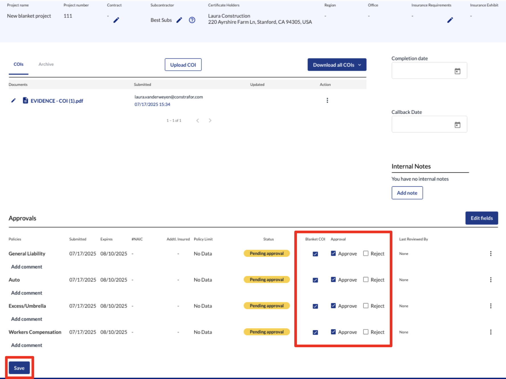 How do I create a blanket policy COI request?